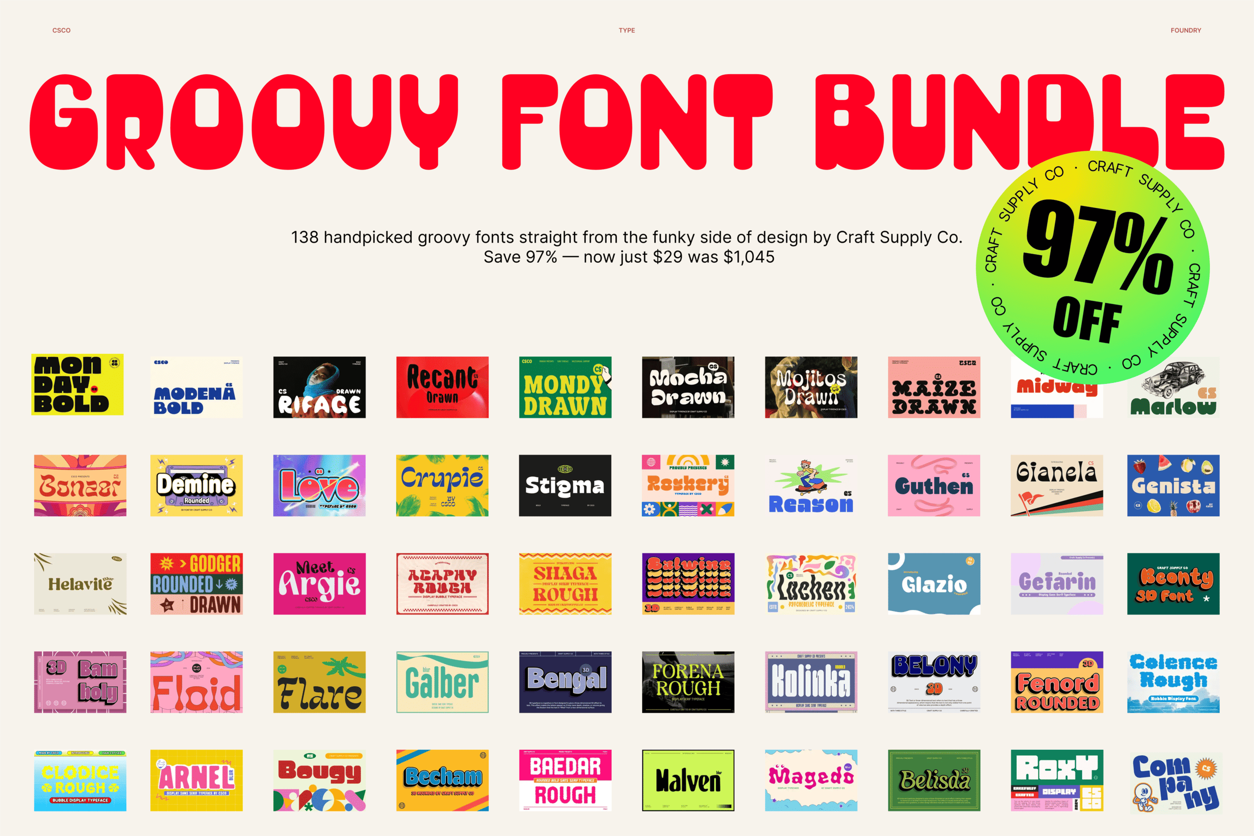 Groovy Font Bundle – 138 Retro & Funky Fonts for Designers